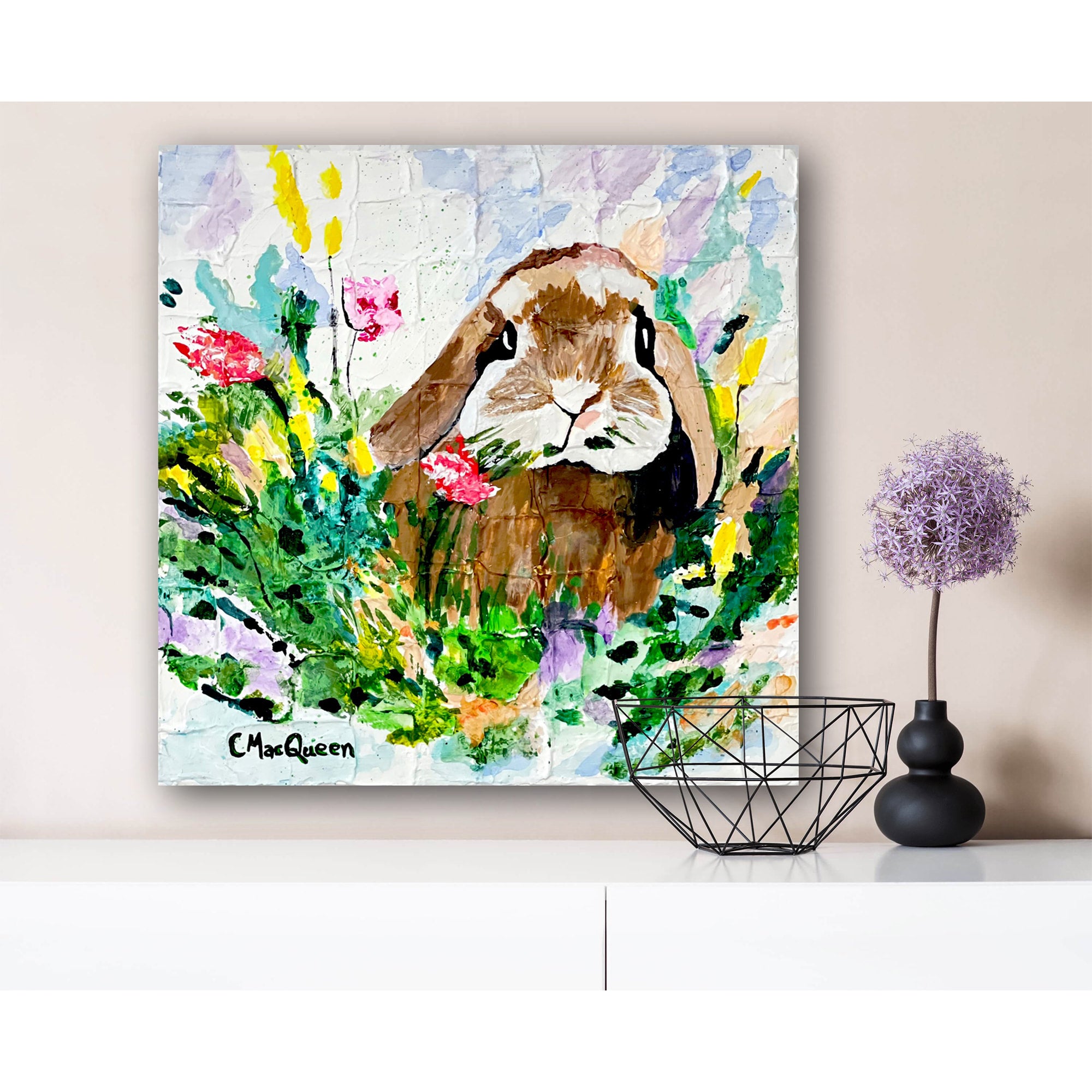 Expressive Belgium Lop Ear Rabbit in Wild Flowers | seaweeddesigns