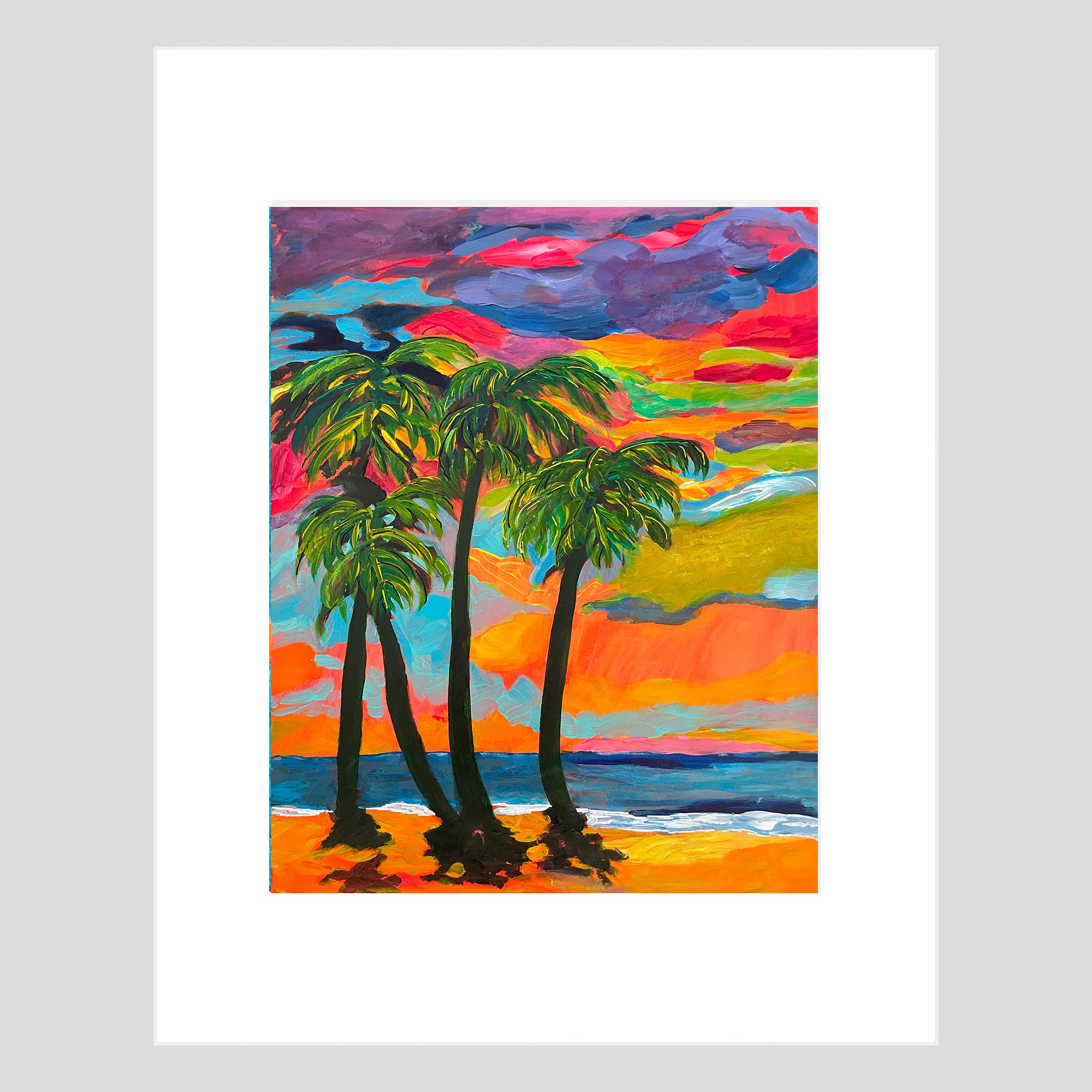 four palm trees1 at sunset matted print 11x14 | seaweeddesigns