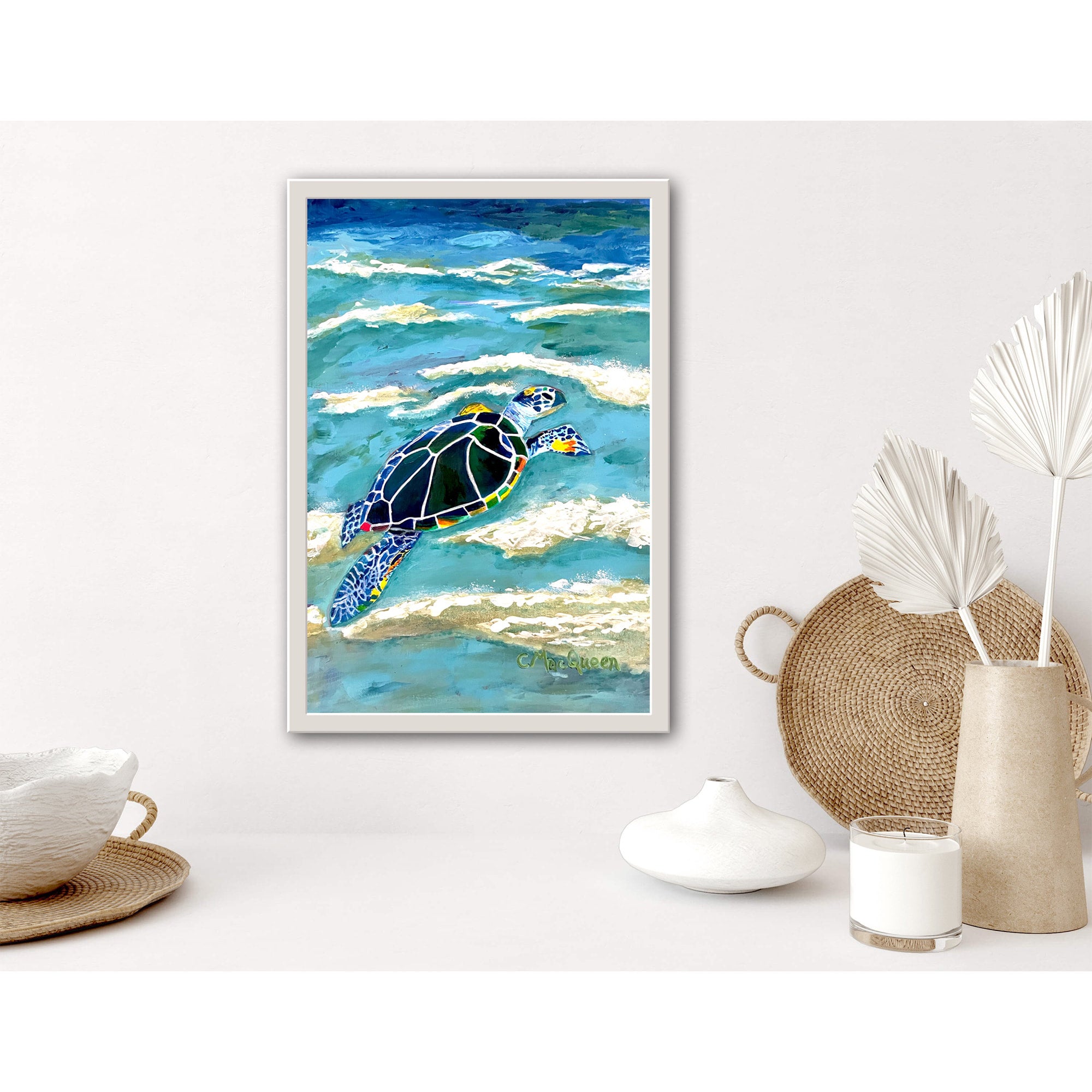 abstract expressionism sea turtle riding the breakers out to sea ...